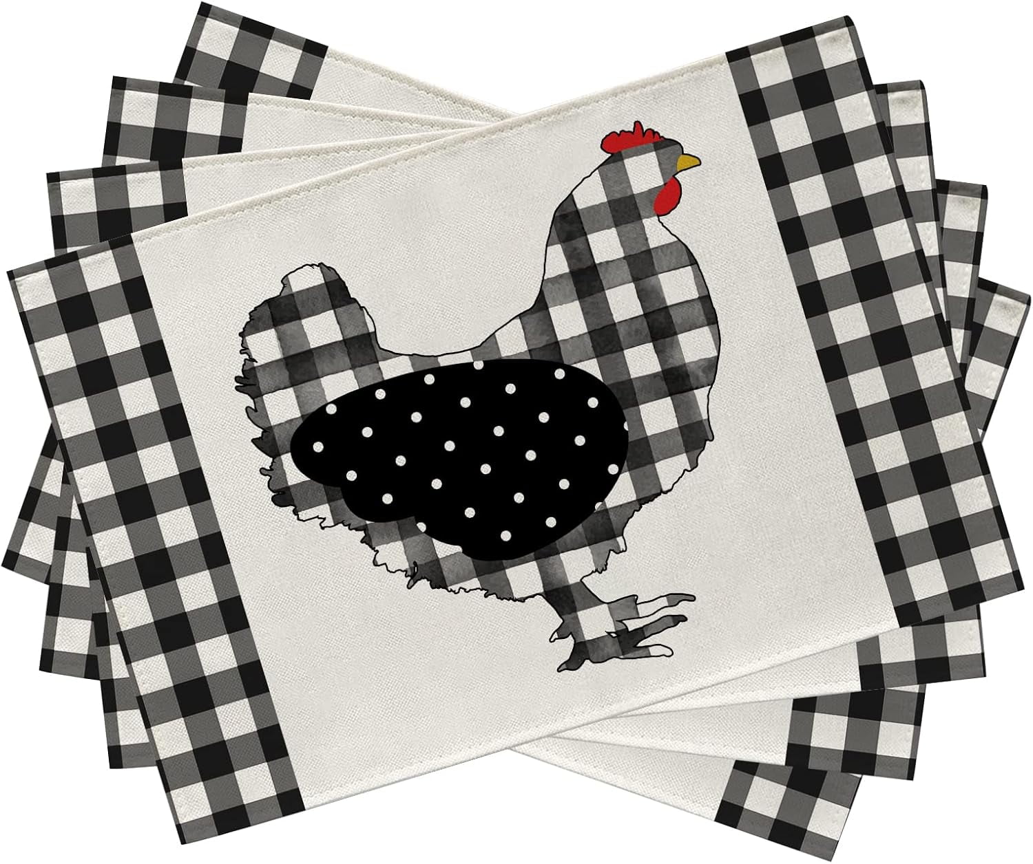 Farm Chicken Hen Animal Placemats Set of 4, Black White Buffalo Check ...