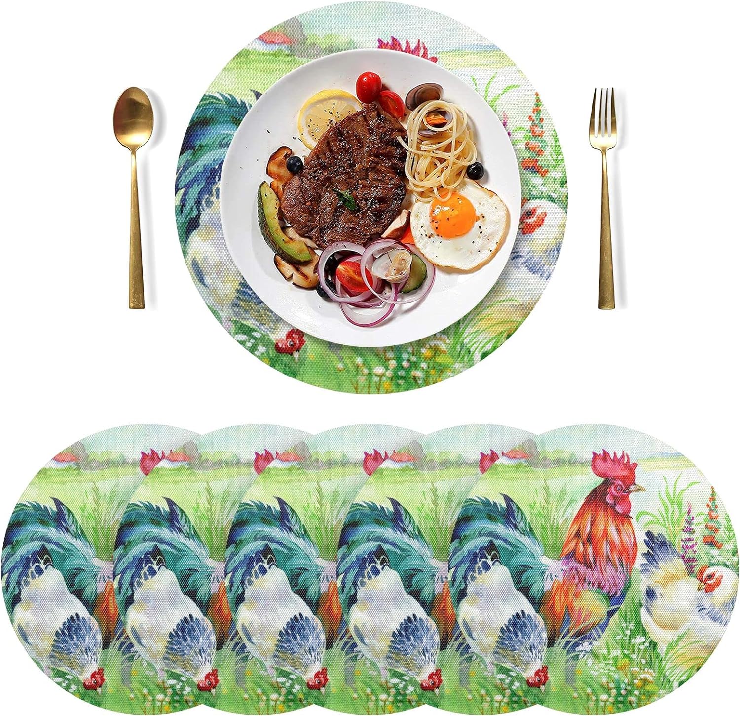 Farm Chicken Rooster Round Place Mats Set of 6, Heat Stain Insulation ...
