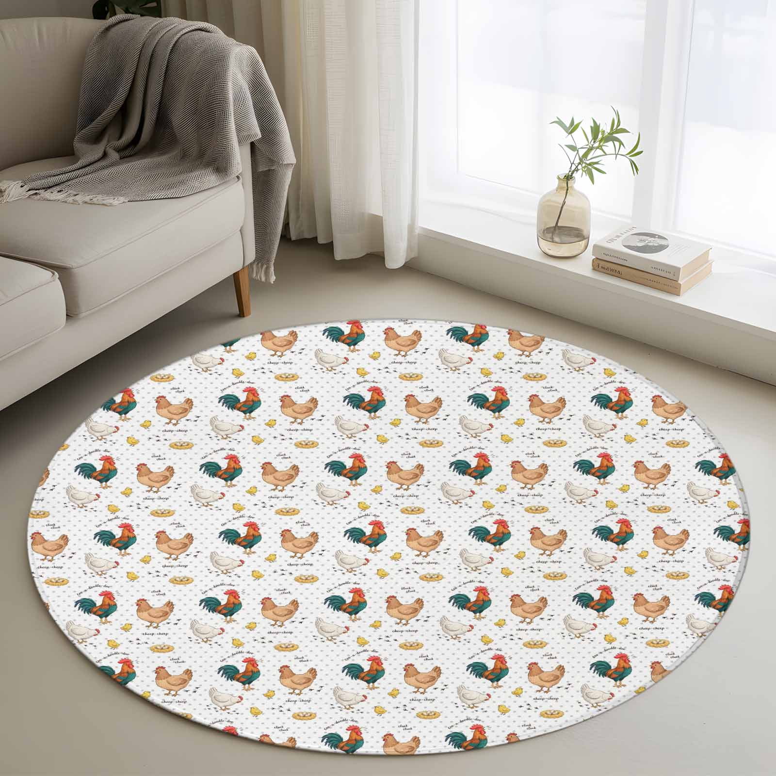 Farm Chicken Round Area Rugs 3 ft, White Hen Rooster White Background ...