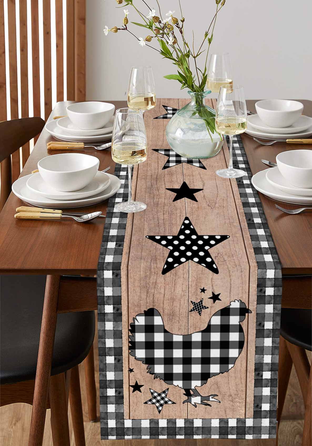 Farm Chicken Star Black White Plaid Table Runner 13x36in Non-Slip ...