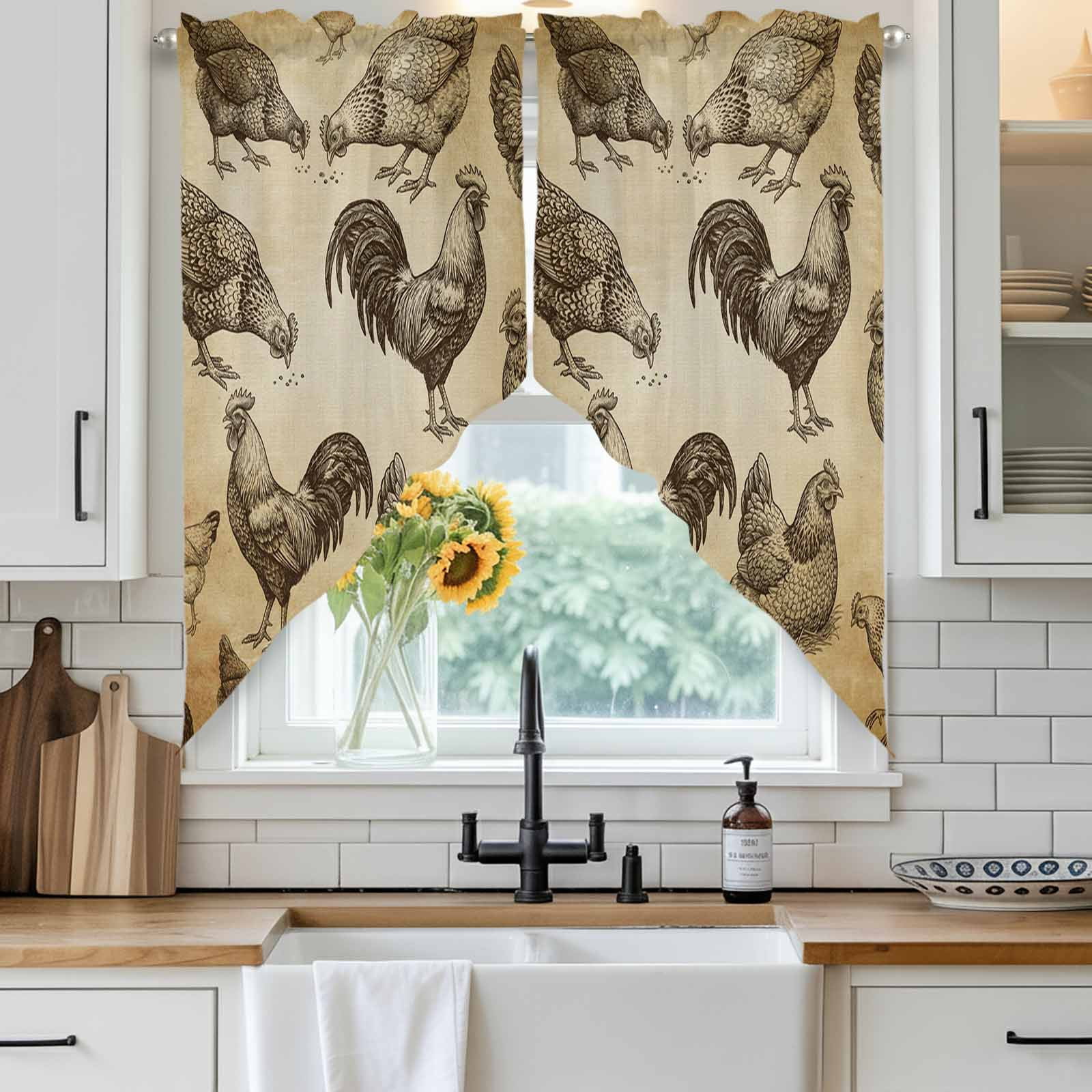 Farm Chicken Swag Curtain Valance for Windows, Country Rustic Rooster ...