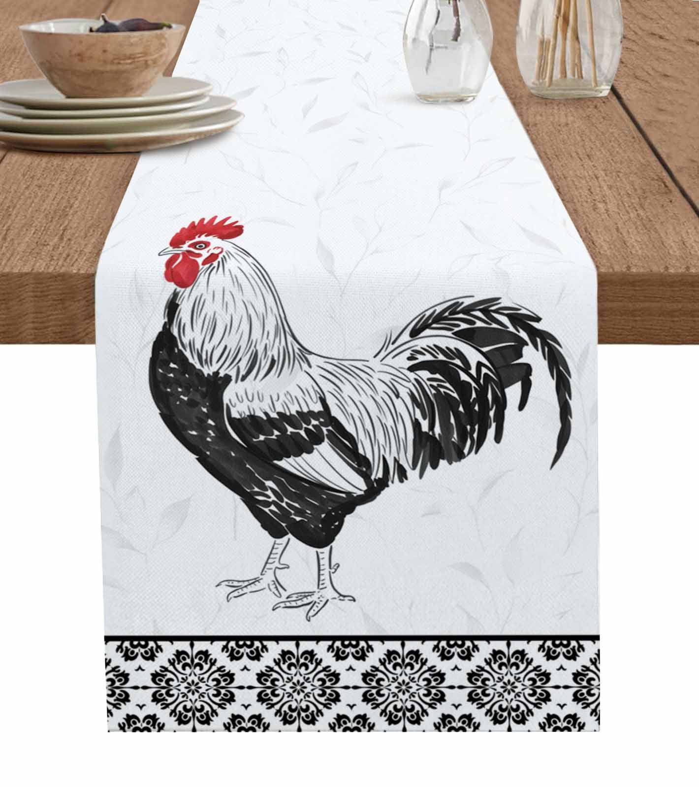 Farm Chicken Table Runner 36 Inches, Vintage Black Animal Boho Flower ...