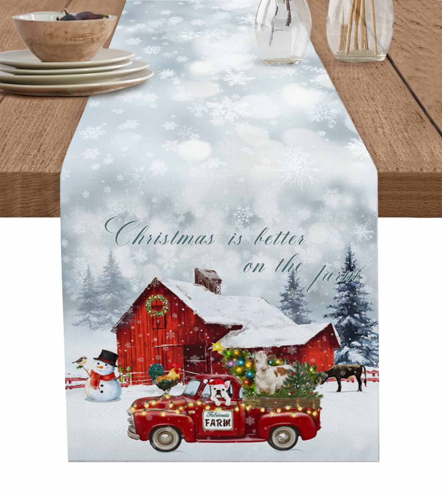 Farm Christmas Table Runner 70 Inches, Xmas Tree Truck Animals Snowman ...