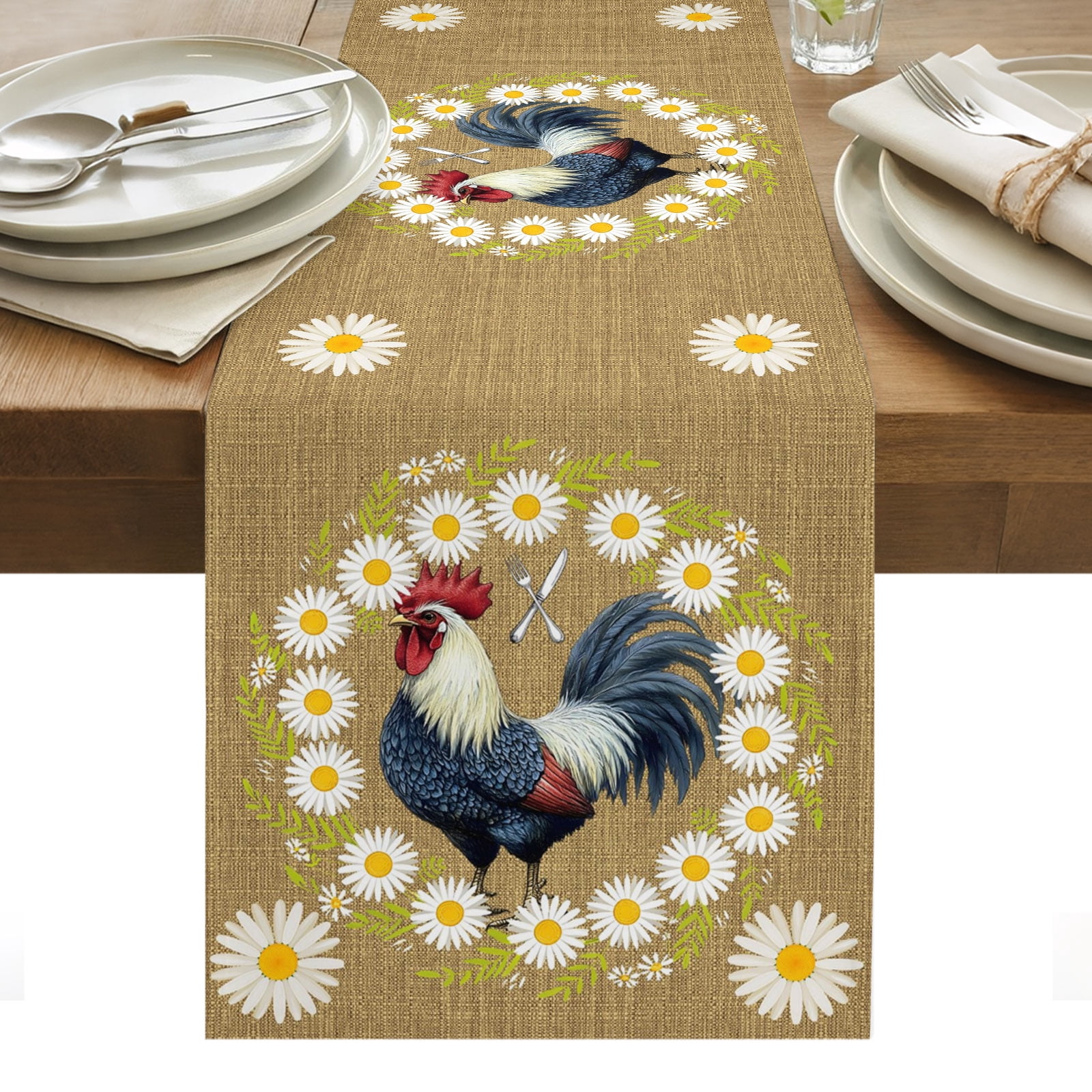 Farm Cock Cotton Linen Table Runner Chicken White Daisy Flower Green ...