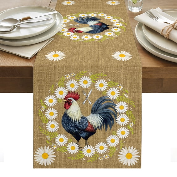 Farm Cock Cotton Linen Table Runner Chicken White Daisy Flower Green ...