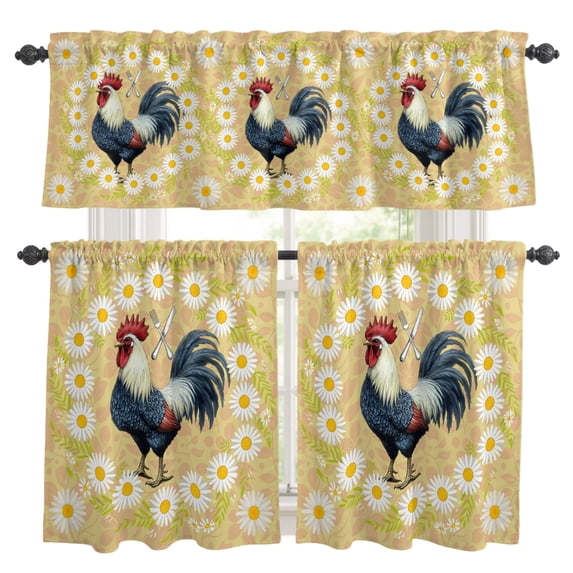 Farm Cock Kitchen Curtains Set for Windows, Chicken White Daisy Flower ...