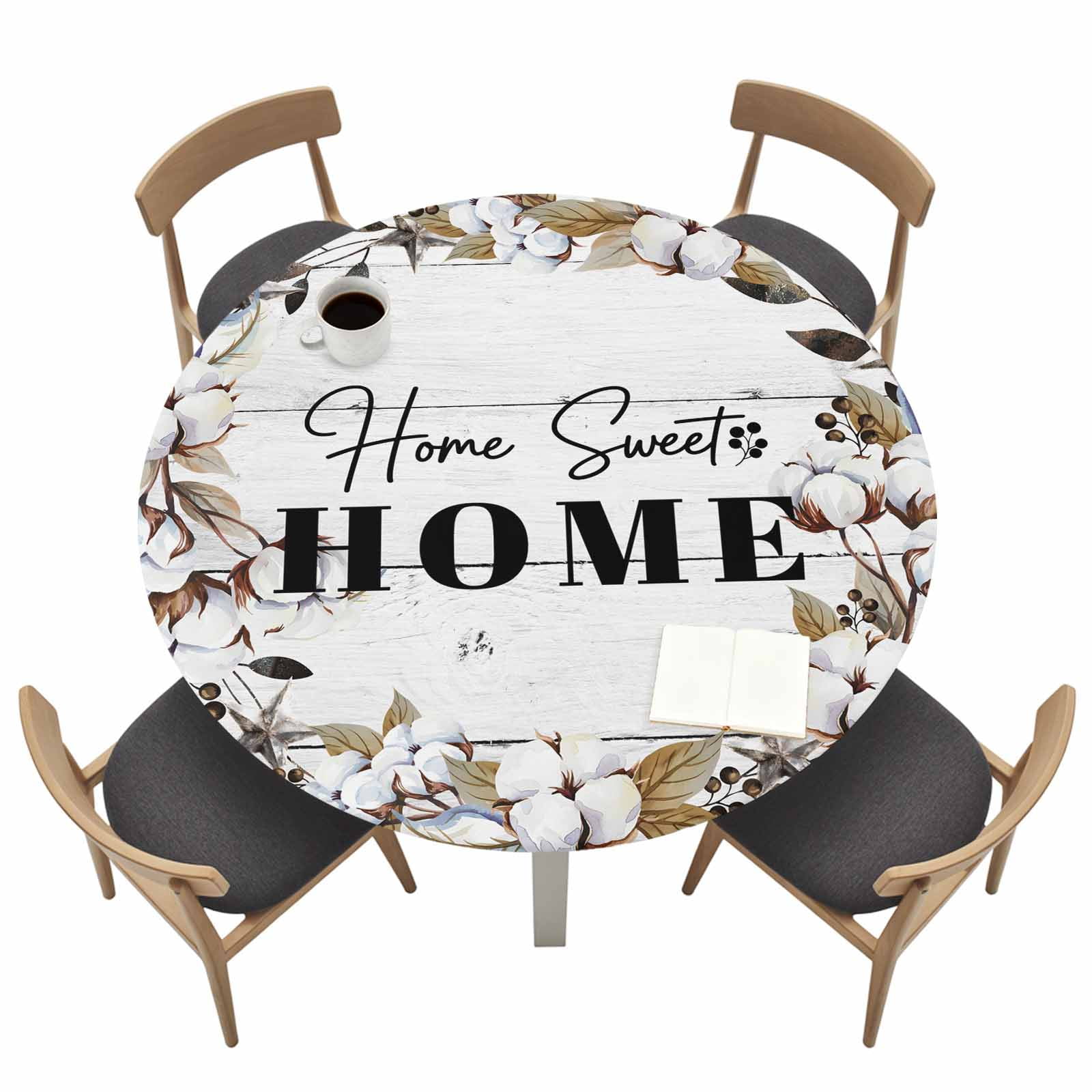 Farm Cotton Round Fitted Tablecloth with Elastic Edge Flower Ring ...