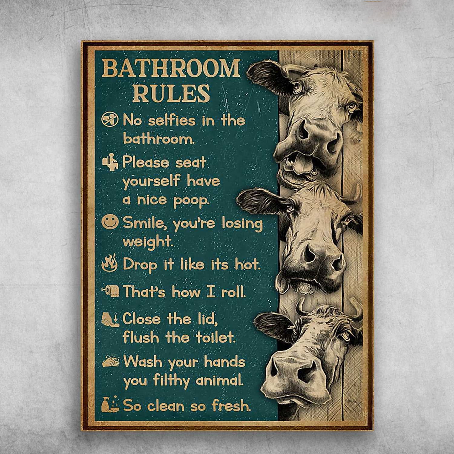 Farm Cow, Bathroom Poster - Bathroom Rules, No Selfies In The Bathroom ...