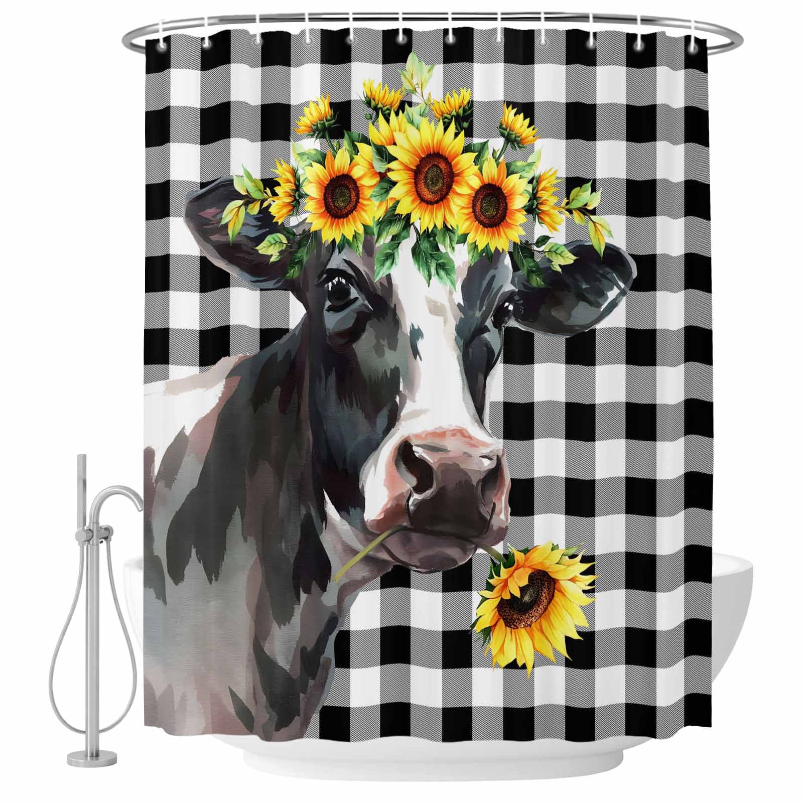 Farm Cow Bathroom Shower Curtains with Hooks, Sunflower Black Plaid ...