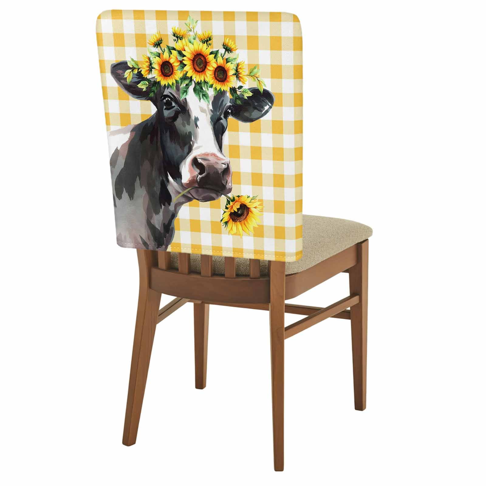 Farm Cow Chair Back Covers Set of 4, Sunflower Yellow Plaid Watercolor ...