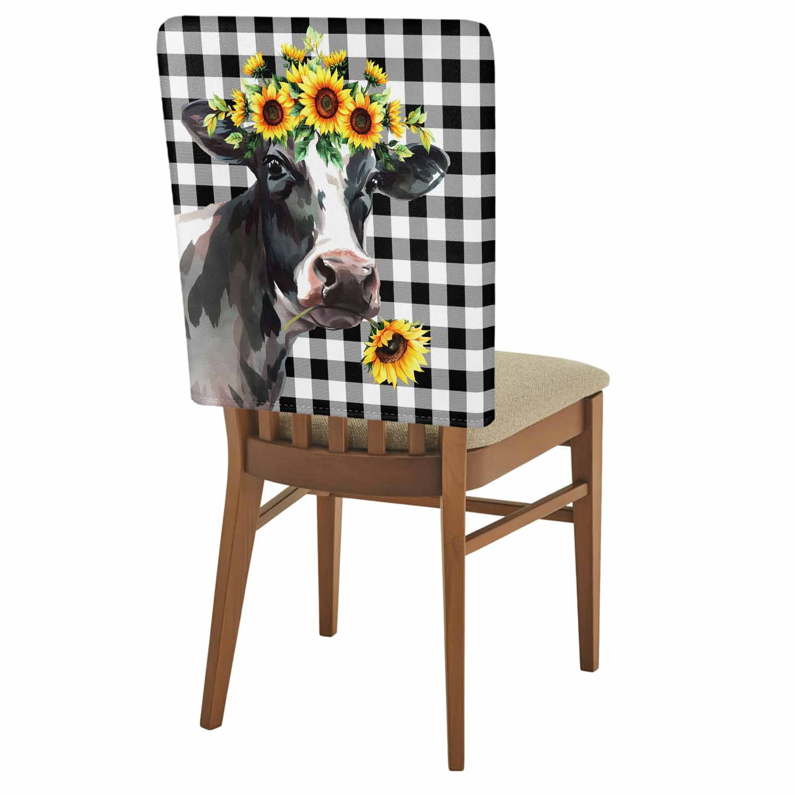 Farm Cow Chair Back Covers Set of 8, Sunflower Black Plaid Watercolor ...