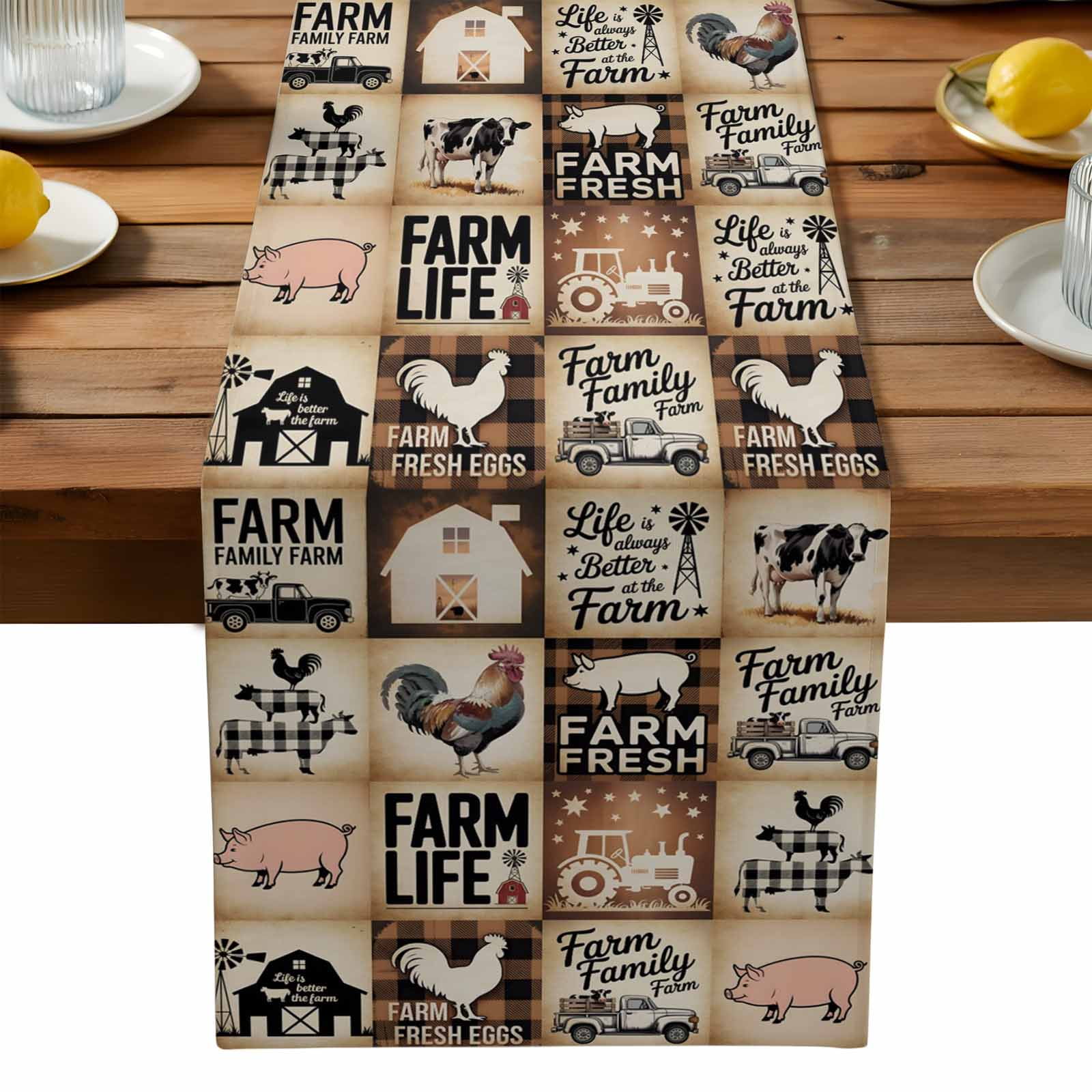 Farm Cow Cotton Linen Table Runner for Dining Kitchen, Vintage Chicken ...
