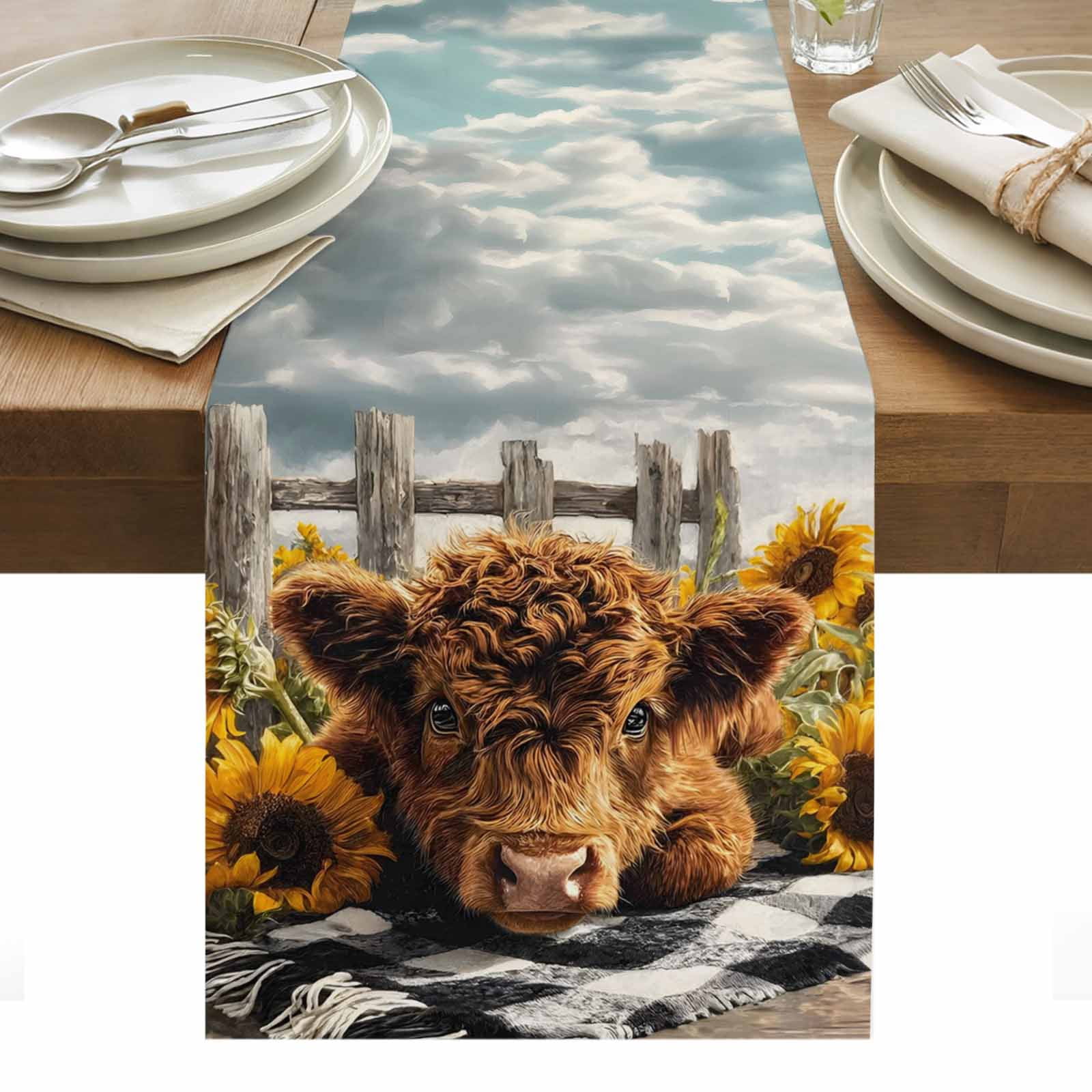Farm Cow Cotton Linen Table Runner Watercolor Sunflower Cow Farmhouse ...