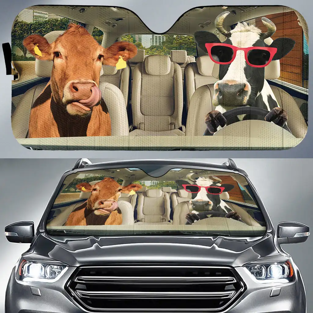 Farm Cow Driver Auto Windshield Sun Shade Funny Heifer Couple Sun Visor ...