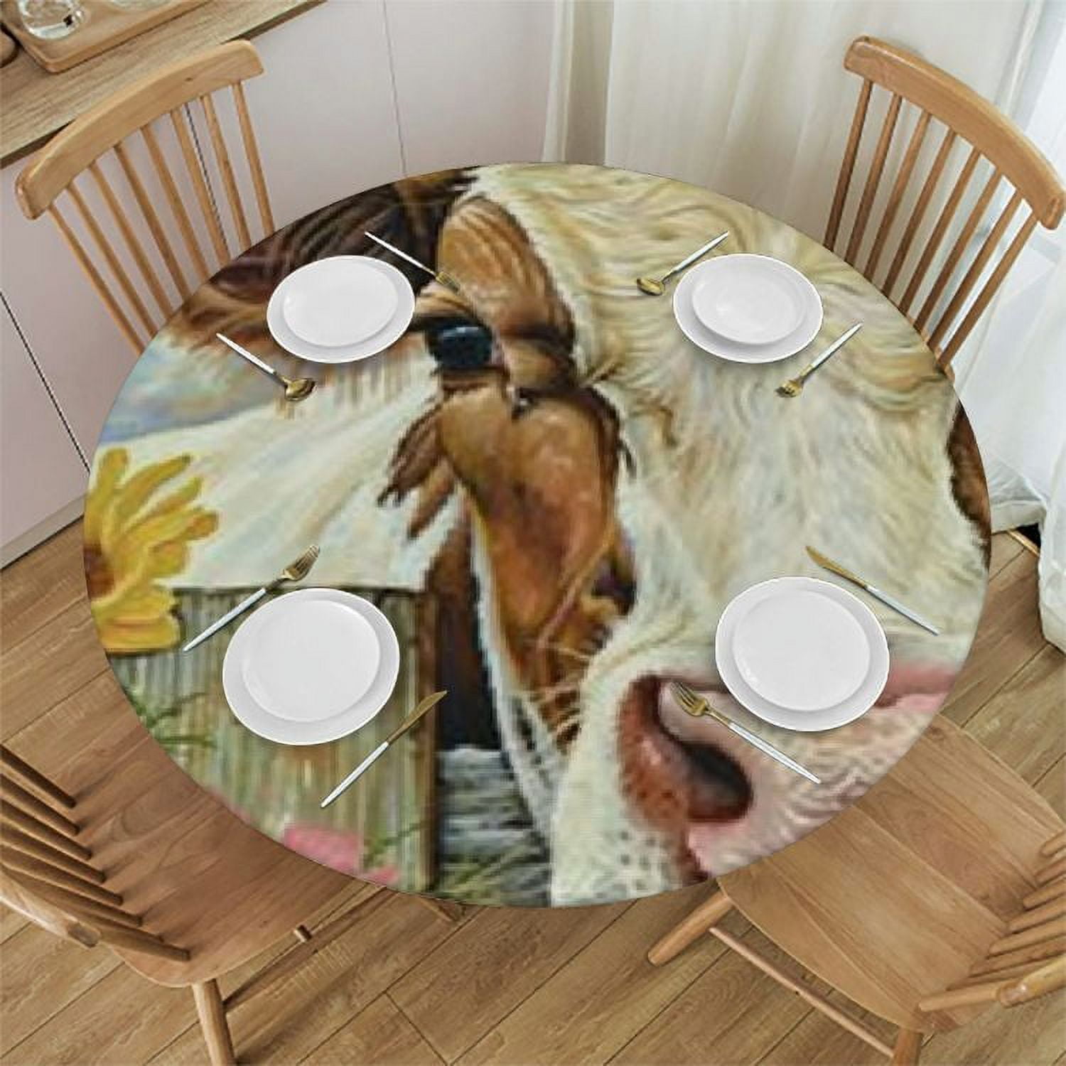 Farm Cow Elastic Round Tablecloth Sunflower with Cow Rustic Teal Green ...