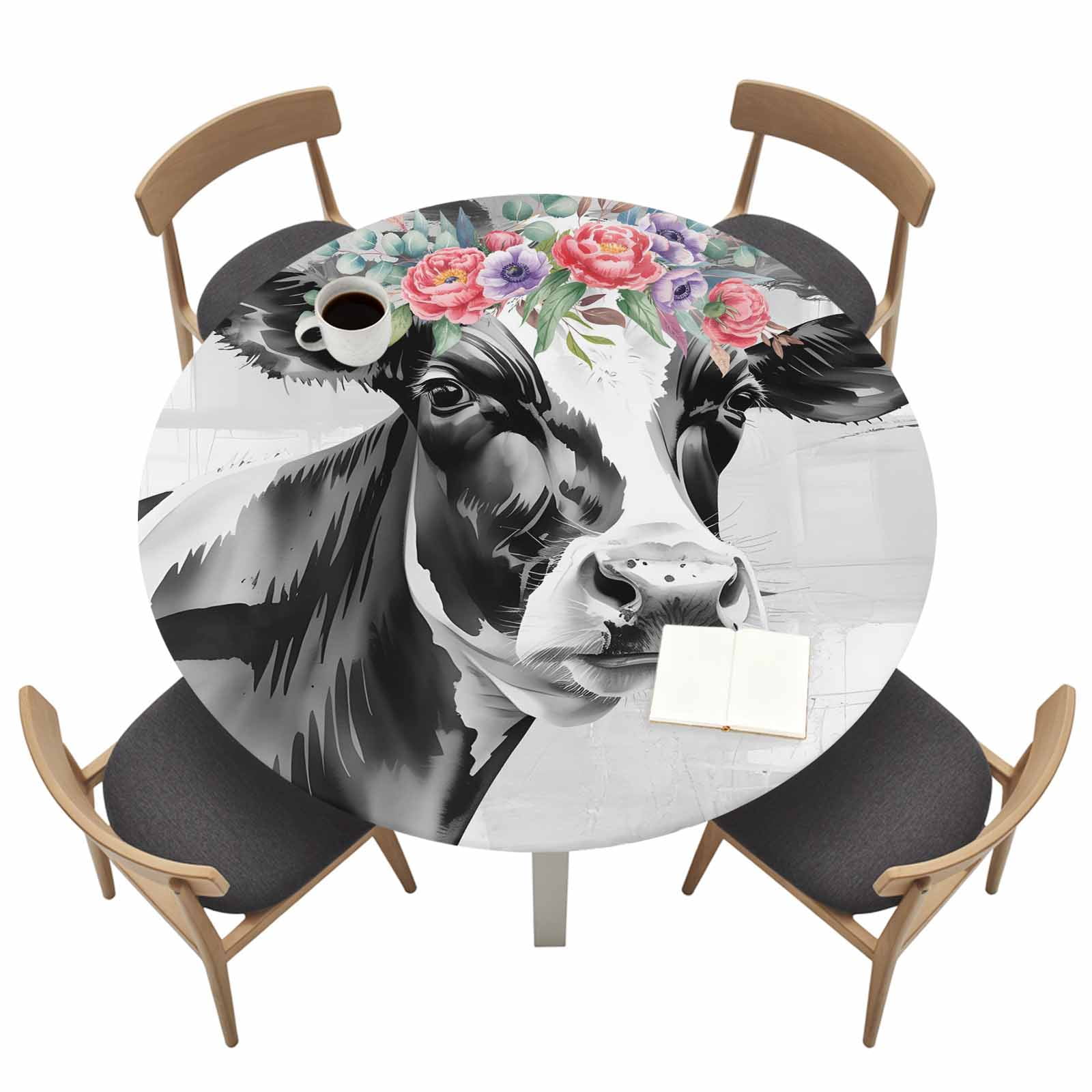 Farm Cow Fitted Tablecloth with Elastic Edged, Round Table Cloth for ...