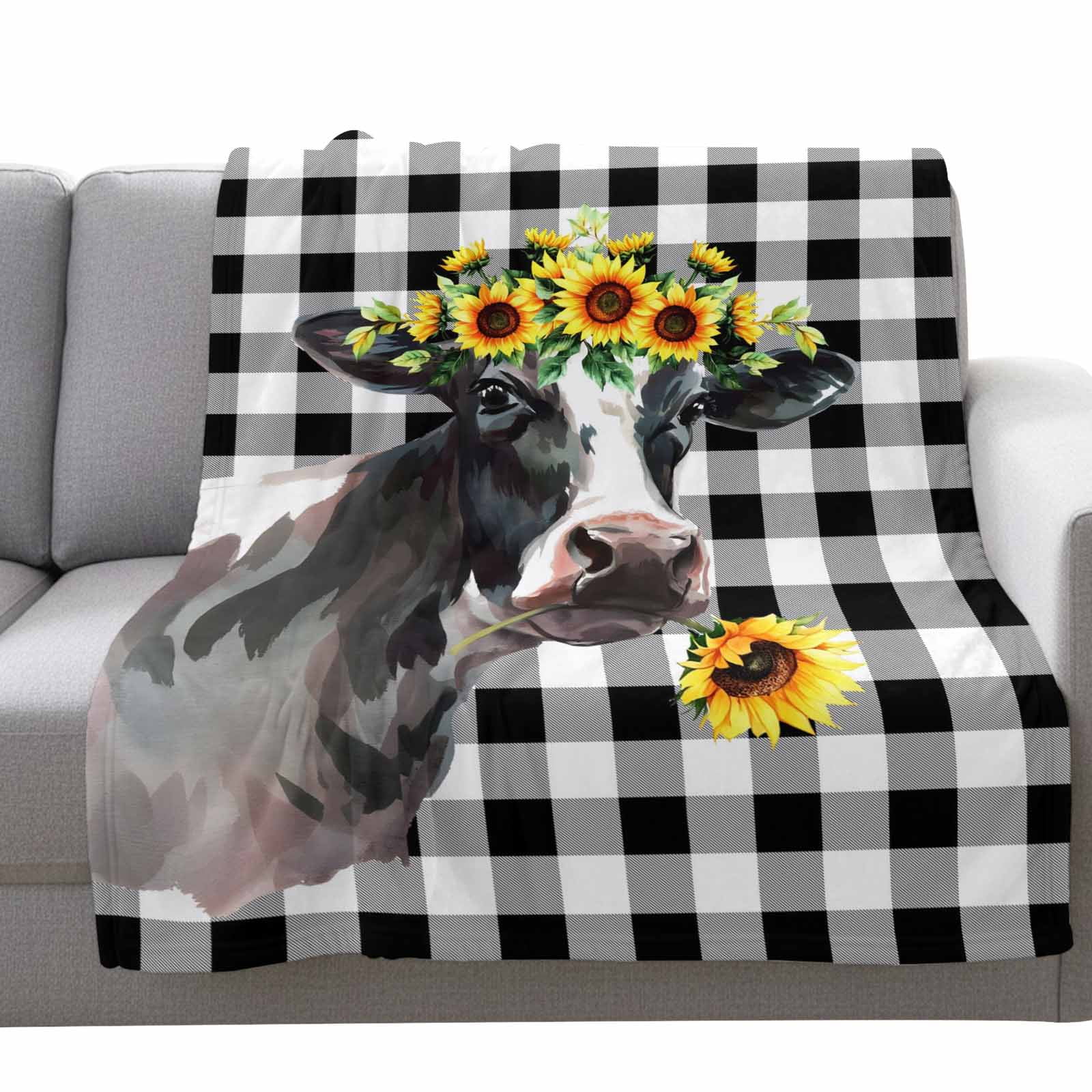 Farm Cow Fleece Throw Blanket Lightweight Sunflower Black Plaid ...
