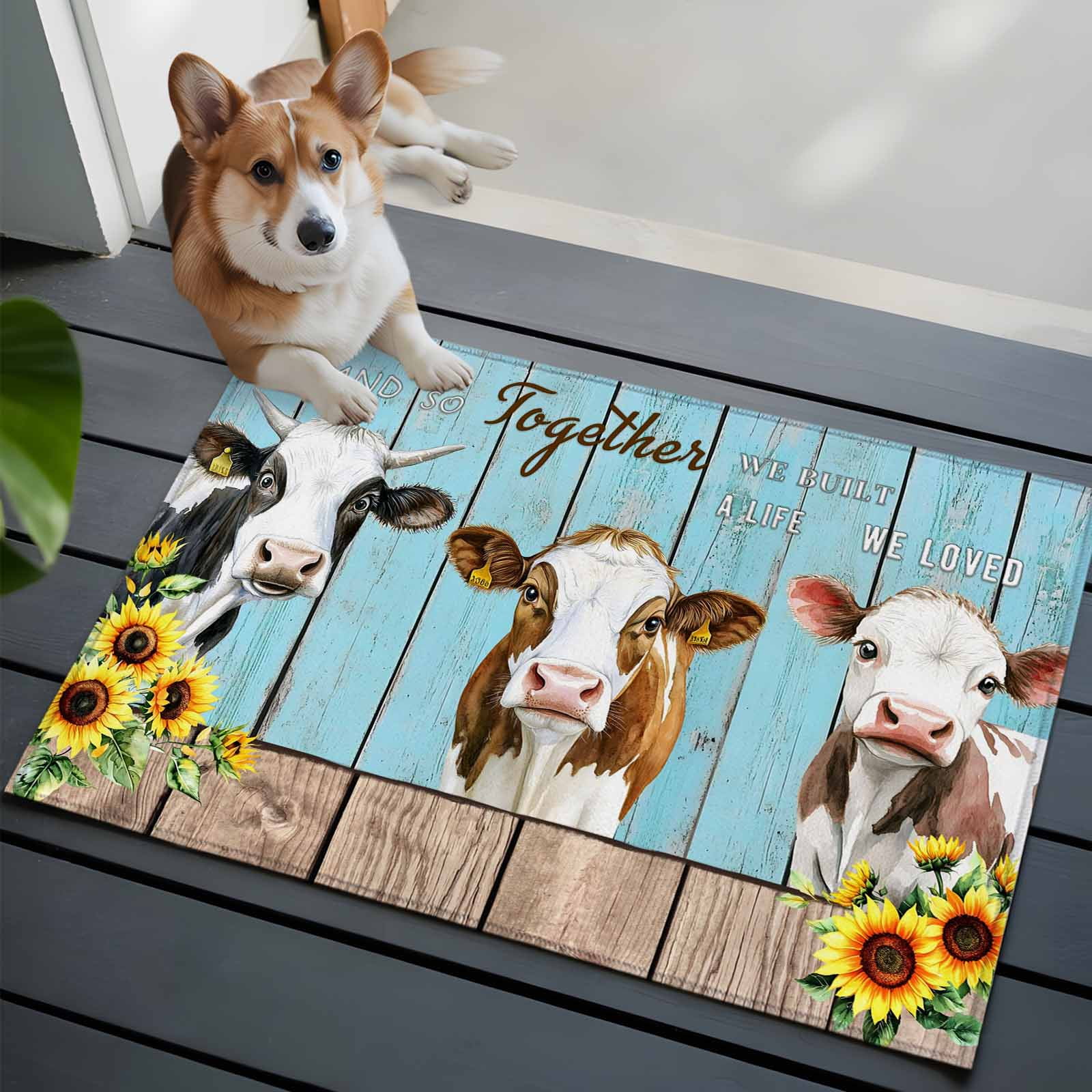Farm Cow Front Door Rugs 2x3 ft Yellow Sunflower Blue Wood Grain ...