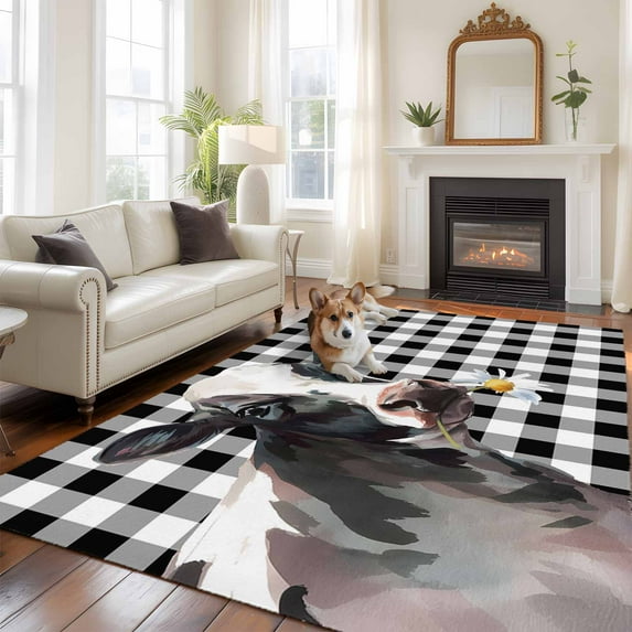Farm Cow Large Area Rugs 5x8 ft White Daisy Black Plaid Watercolor ...