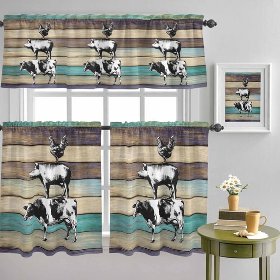 Farm Cow Pig Chicken Curtain Tier and Valance Set 3 Piece, Farmhouse ...
