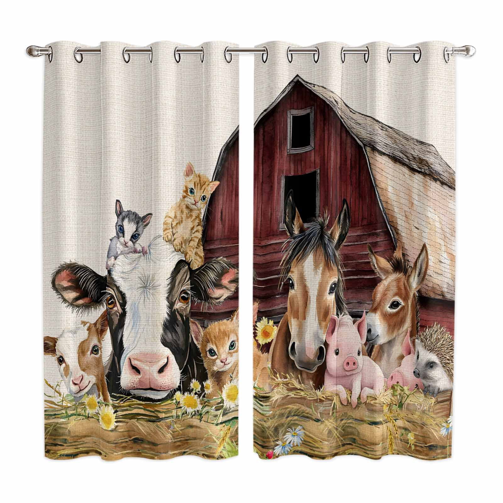 Farm Cow Pig Kitchen Curtains 63 Inch Length, Farmhouse Animals Retro ...