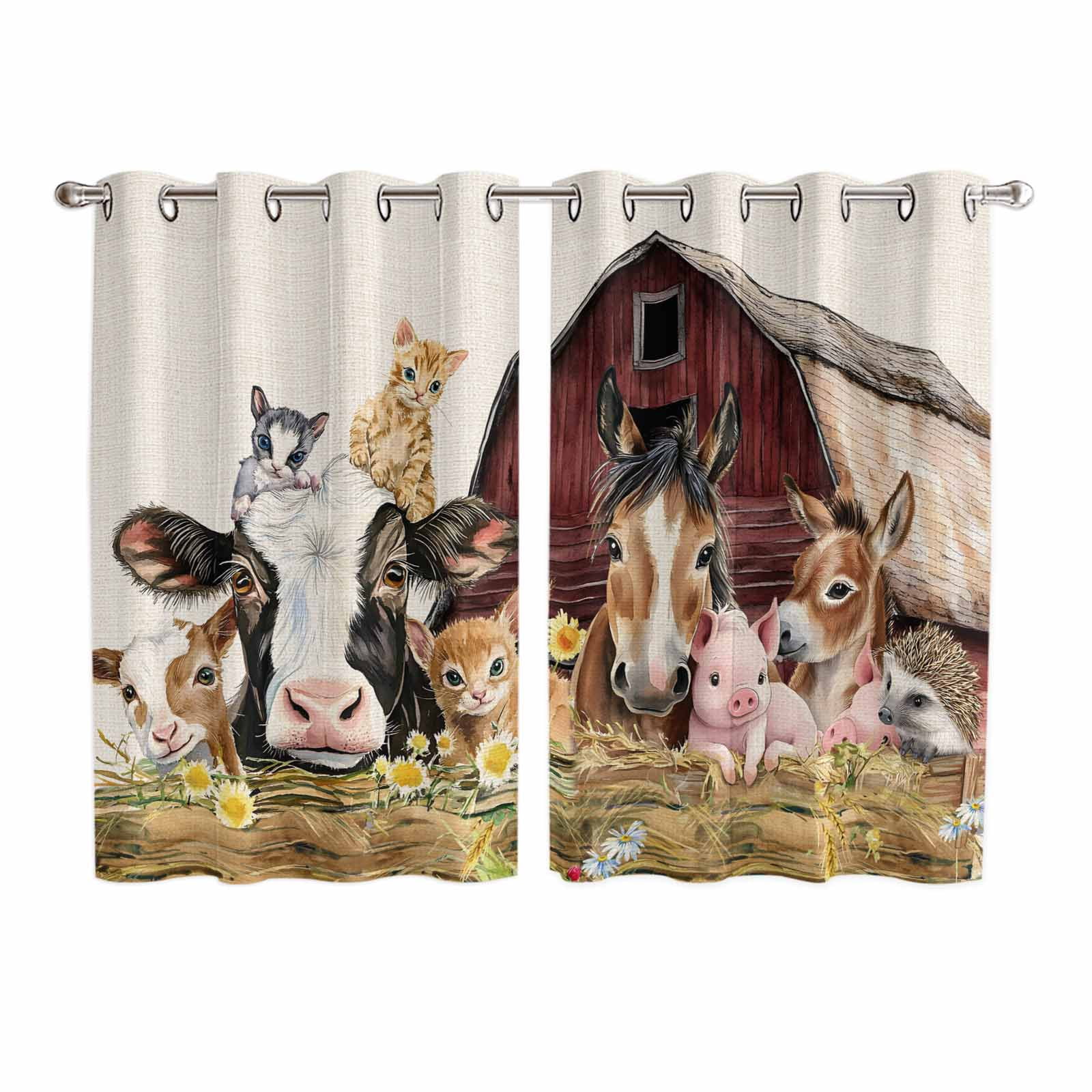 Farm Cow Pig Kitchen Curtains 72 Inch Length, Farmhouse Animals Retro ...