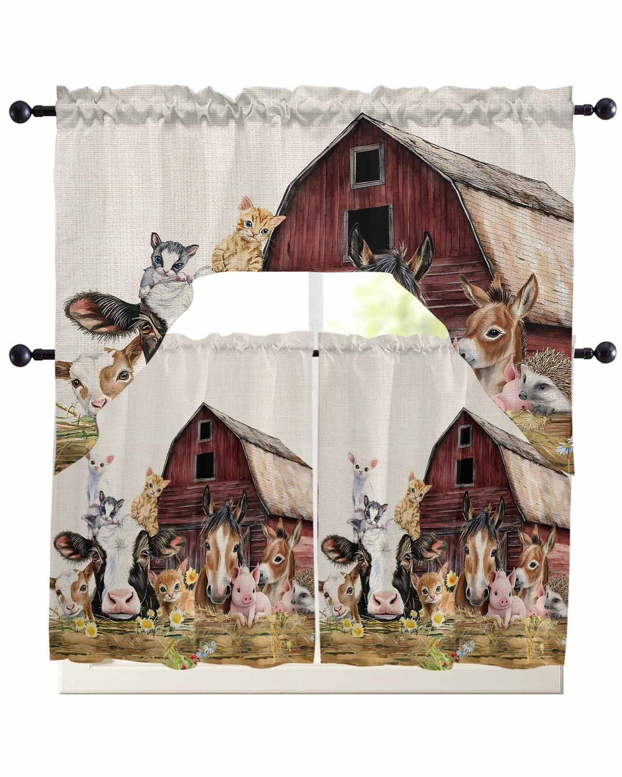 Farm Cow Pig Kitchen Curtains Sets 36 Inch Length with Valance ...