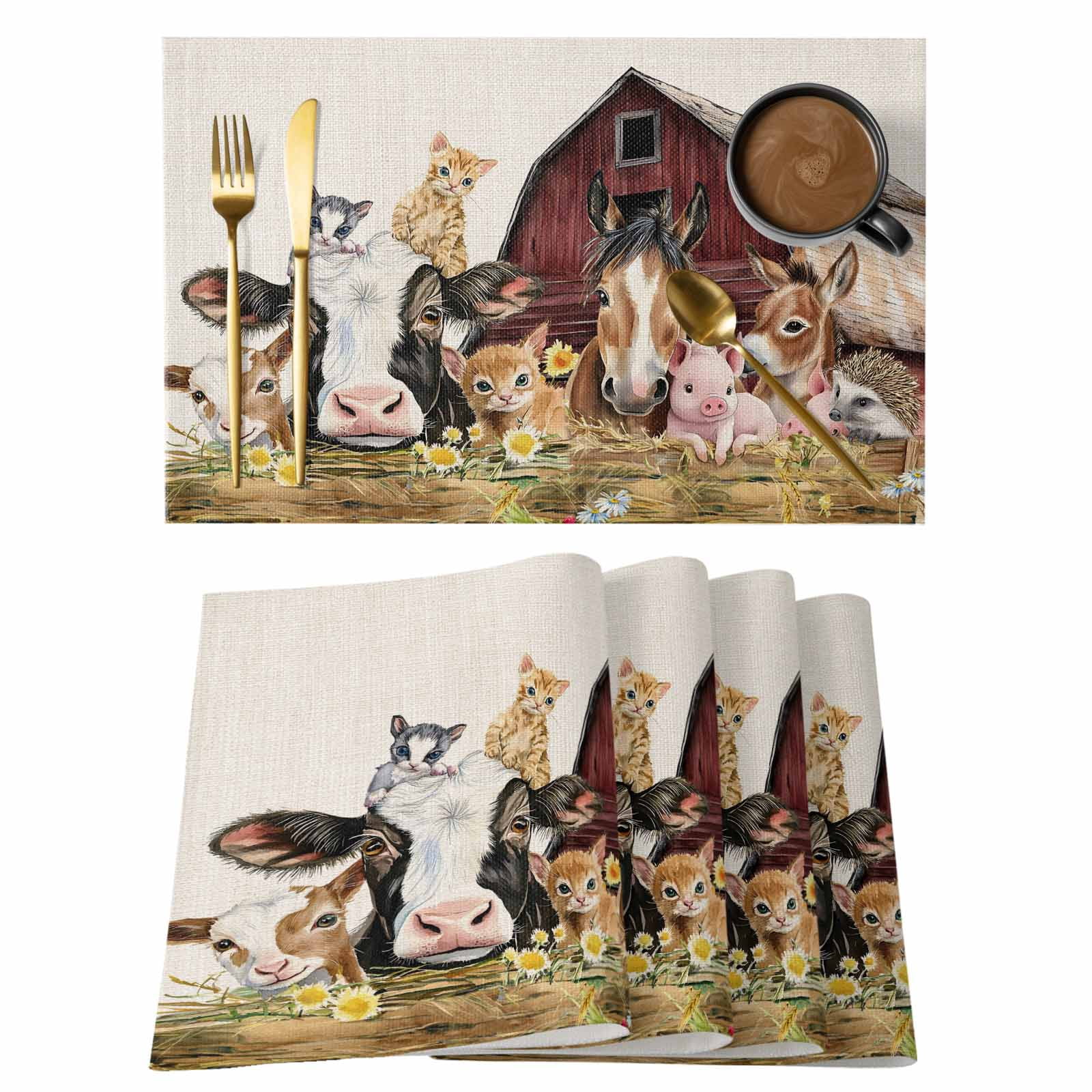 Farm Cow Pig Placemats Set of 12 Farmhouse Animals Retro Fench Wood ...