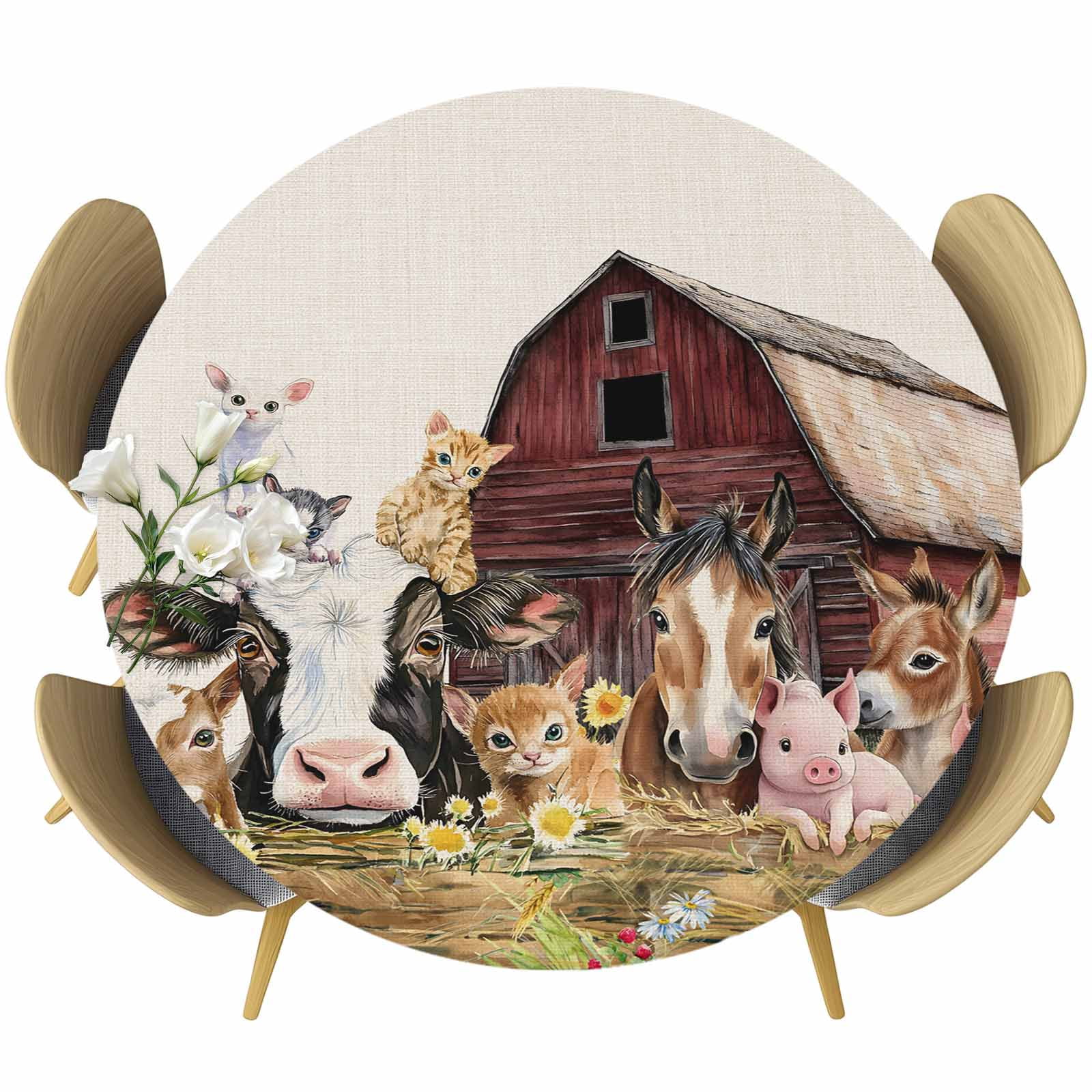 Farm Cow Pig Round Tablecloth 45-54 Inch Round Fitted Table Cloth with ...