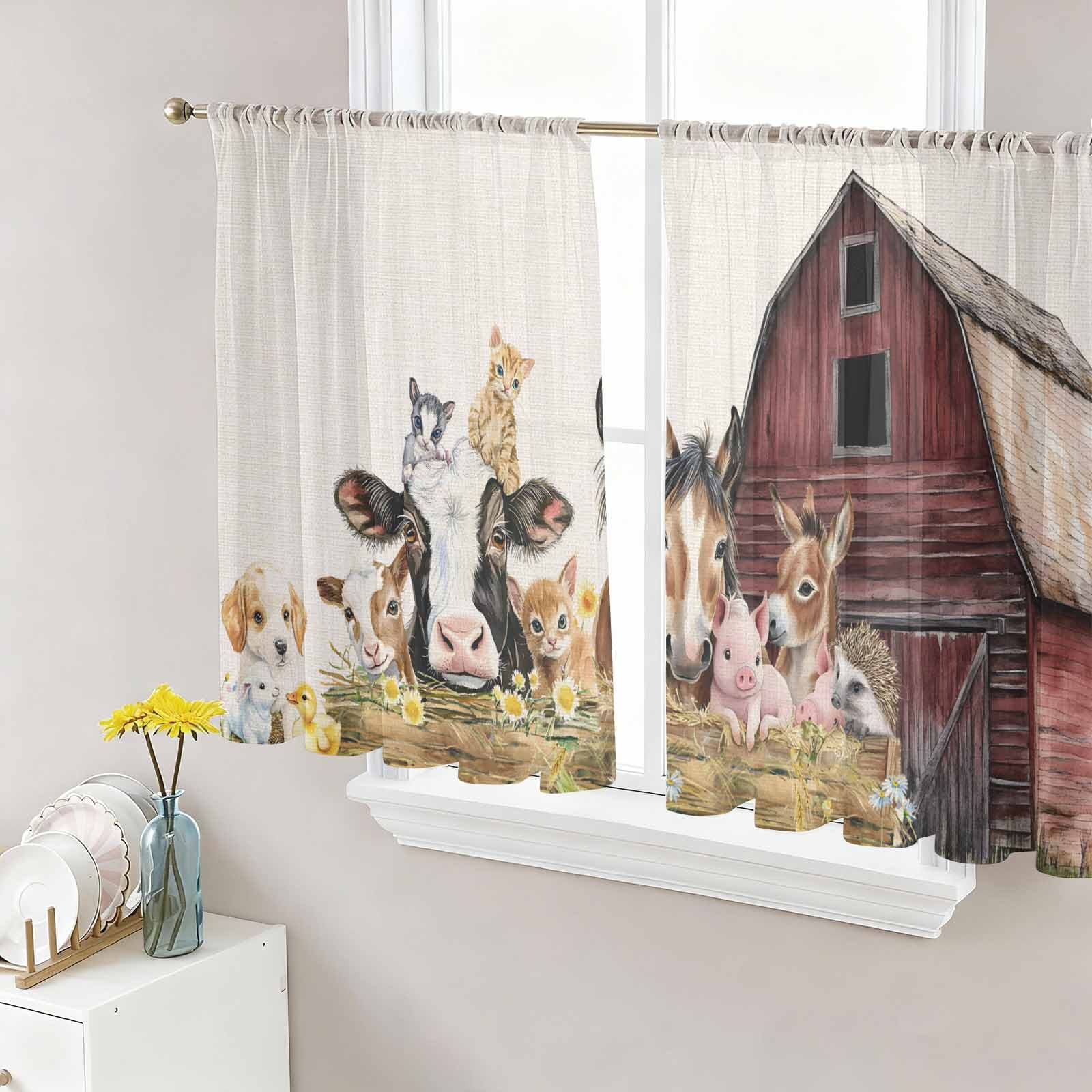 Farm Cow Pig Semi Sheer Curtains 54 Inch Length 2 Panels Set, Farmhouse ...