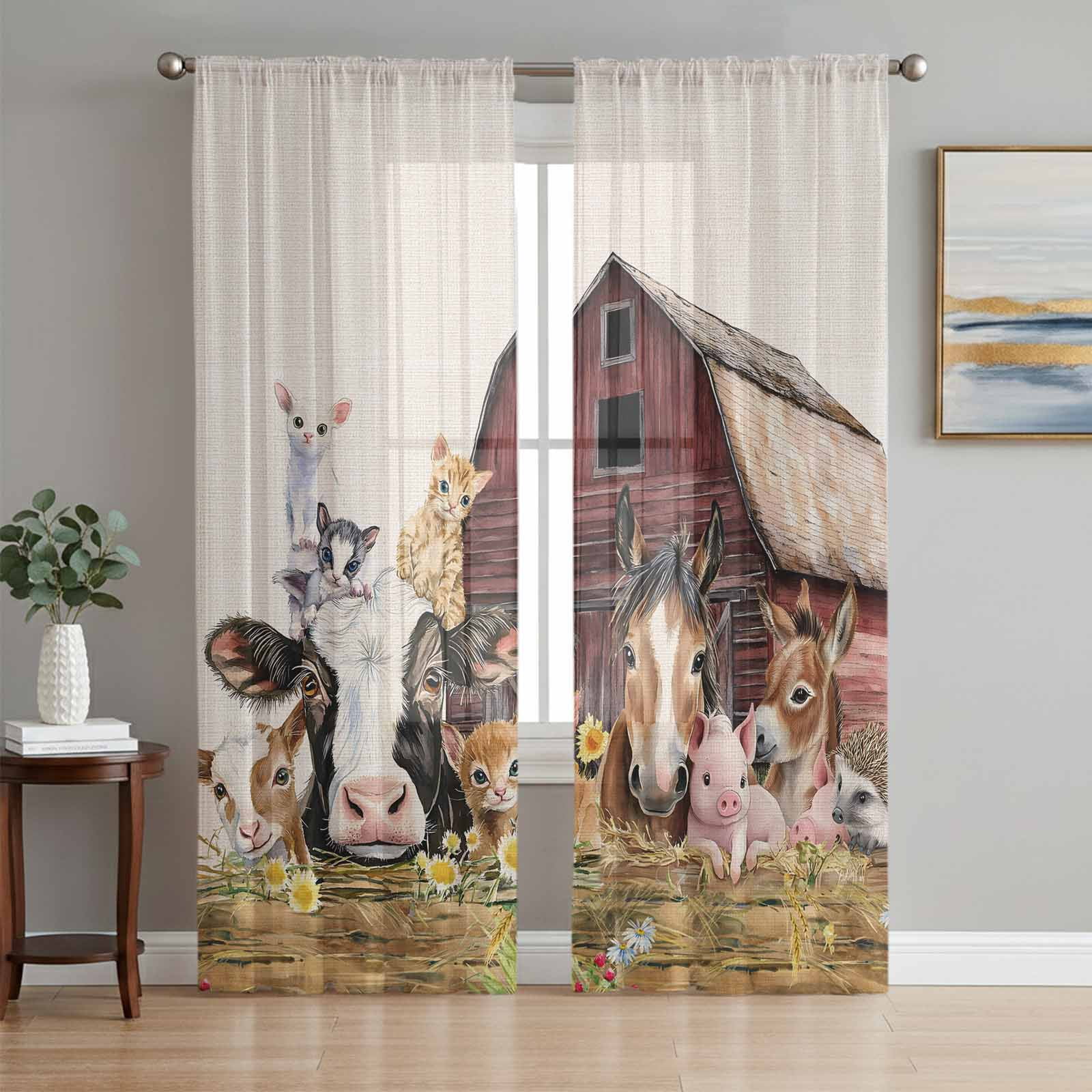 Farm Cow Pig Semi Sheer Curtains 63 Inch Length 2 Panels Set, Farmhouse ...