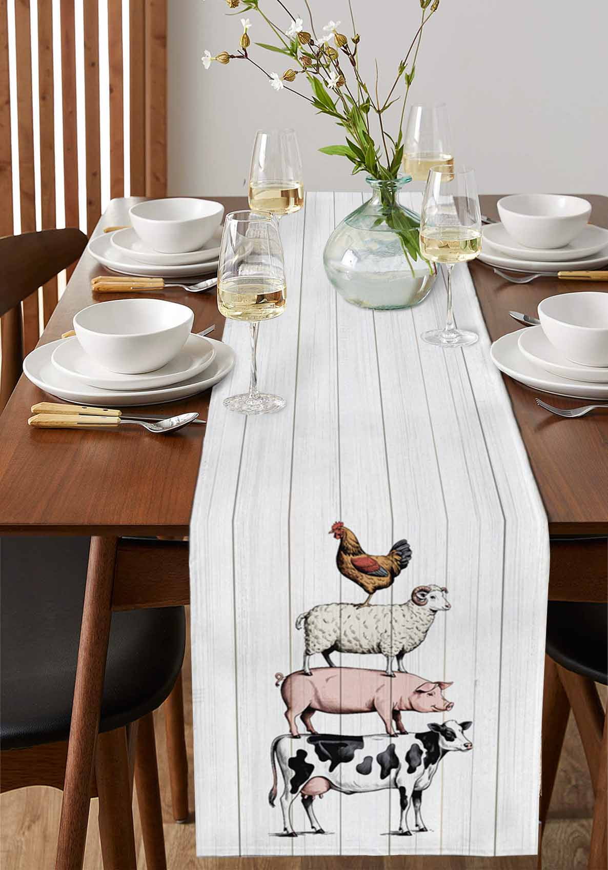 Farm Cow Pig Sheep Rooster Table Runner 13x36in Non-Slip Cotton Linen ...