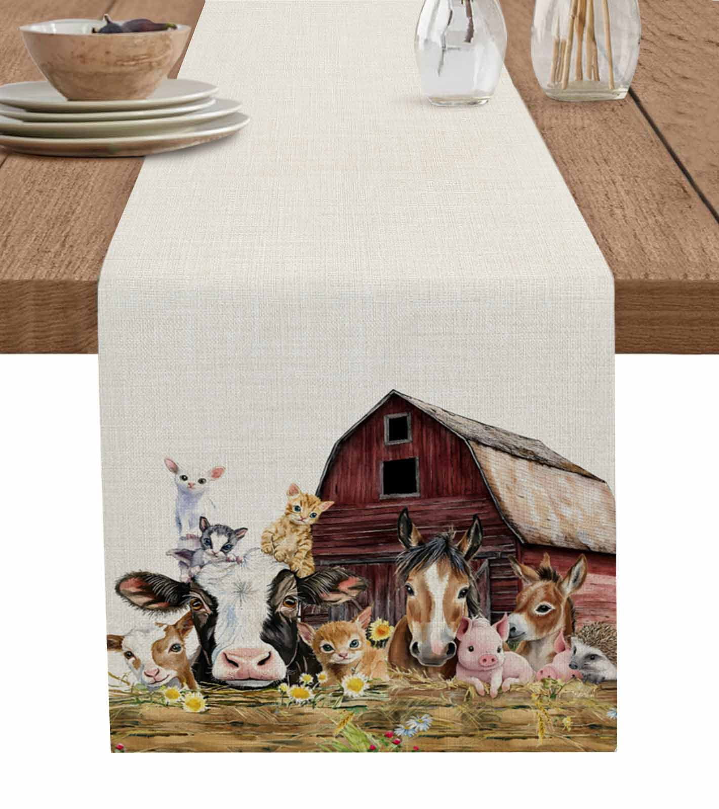 Farm Cow Pig Table Runner 120 Inches, Farmhouse Animals Retro Fench ...