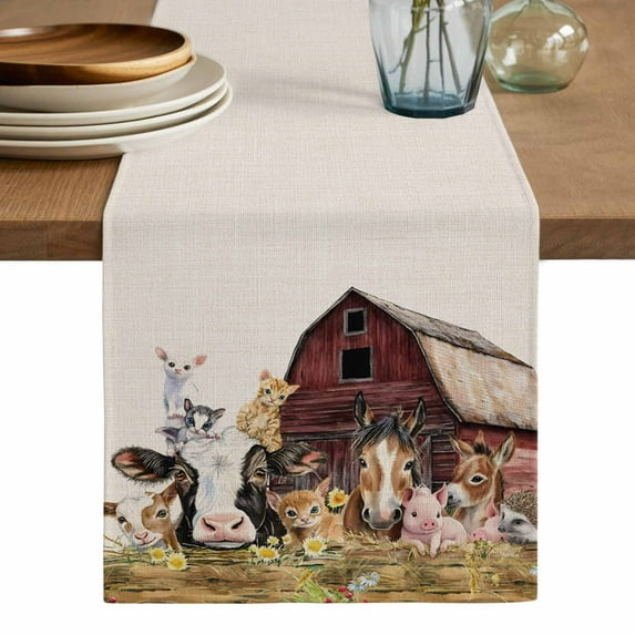 Farm Cow Pig Table Runner, Farmhouse Animals Retro Fench Wood Bran ...