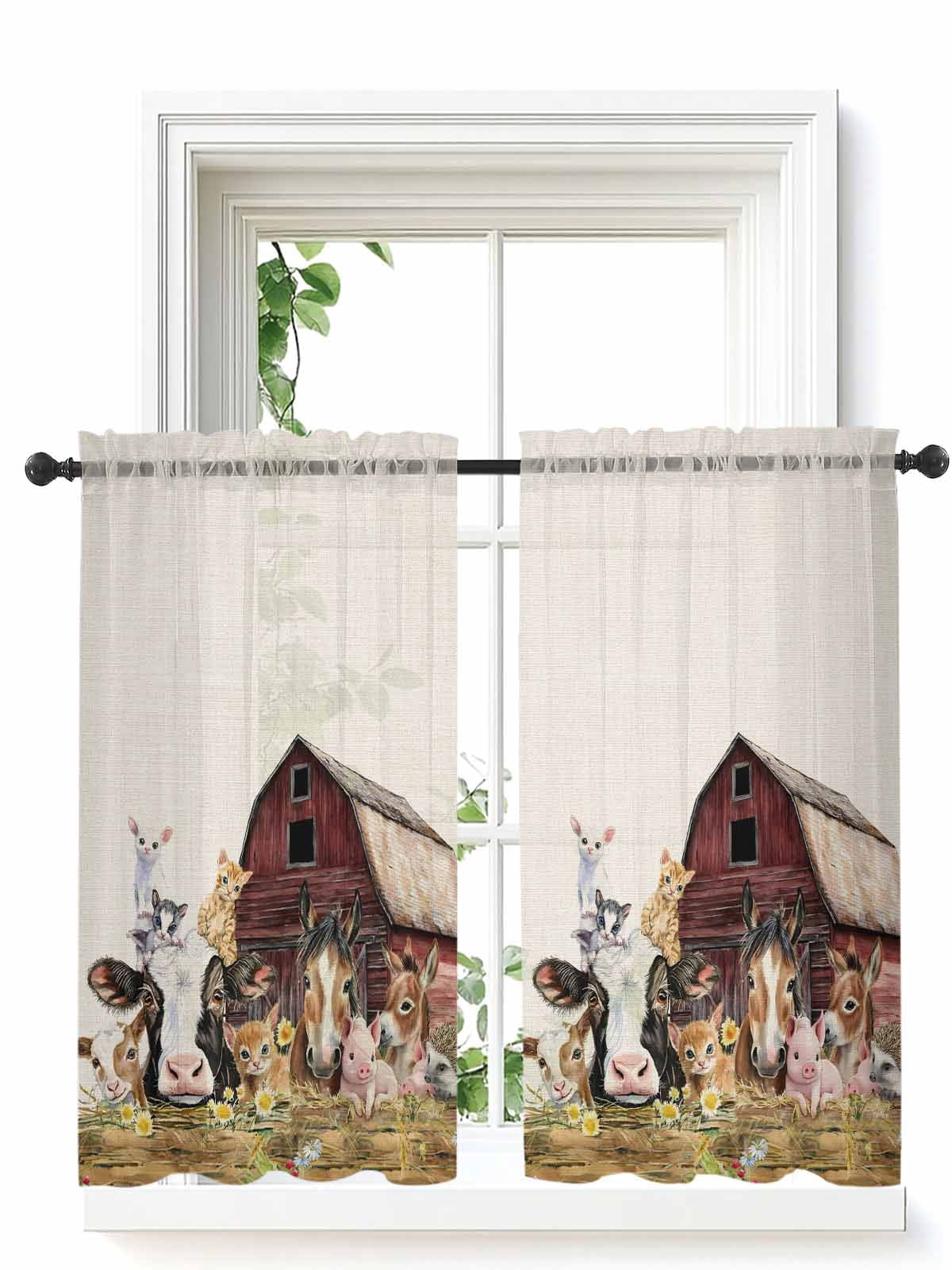 Farm Cow Pig Tier Curtains 45 Inch Length,Sheer Curtains for Bedroom ...