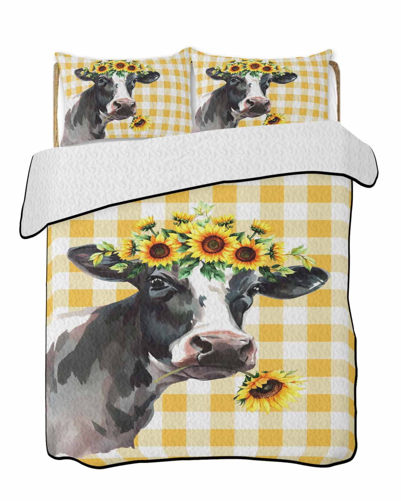 Farm Cow Quilts Bedding Set Twin Size Sunflower Yellow Plaid Watercolor ...