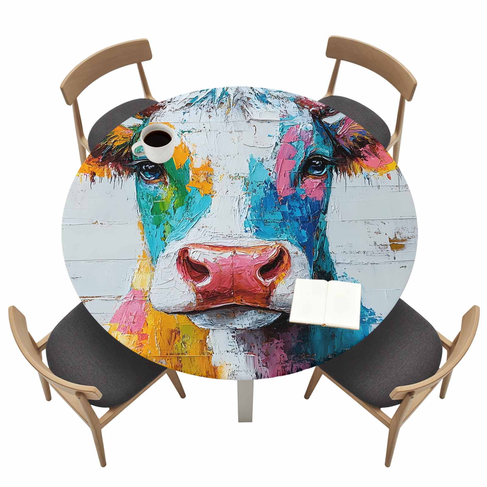 Farm Cow Round Fitted Tablecloth with Elastic Edge Hand Painted Style ...