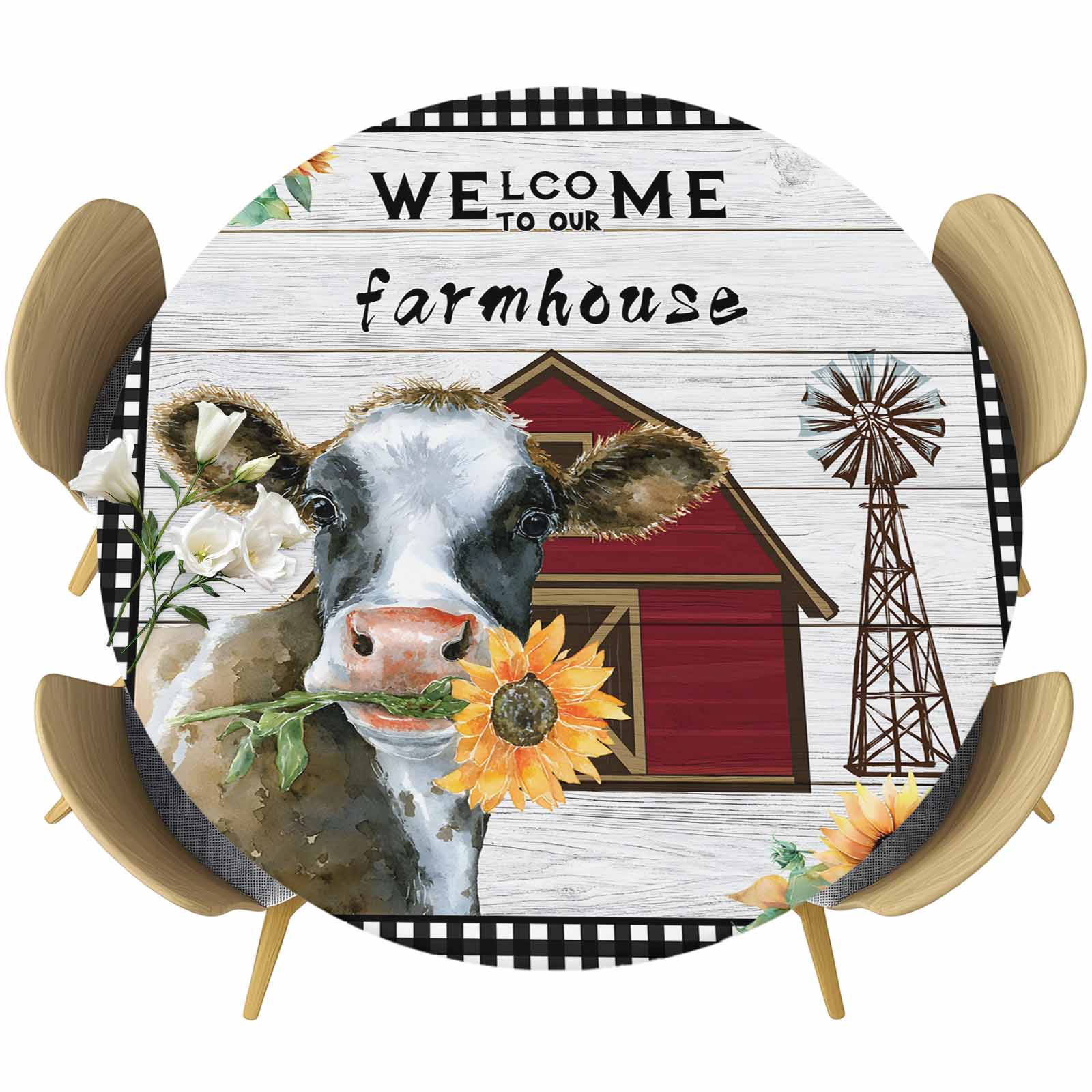 Farm Cow Round Tablecloth, Fitted Table Cover with Elastic for 45"-54 ...