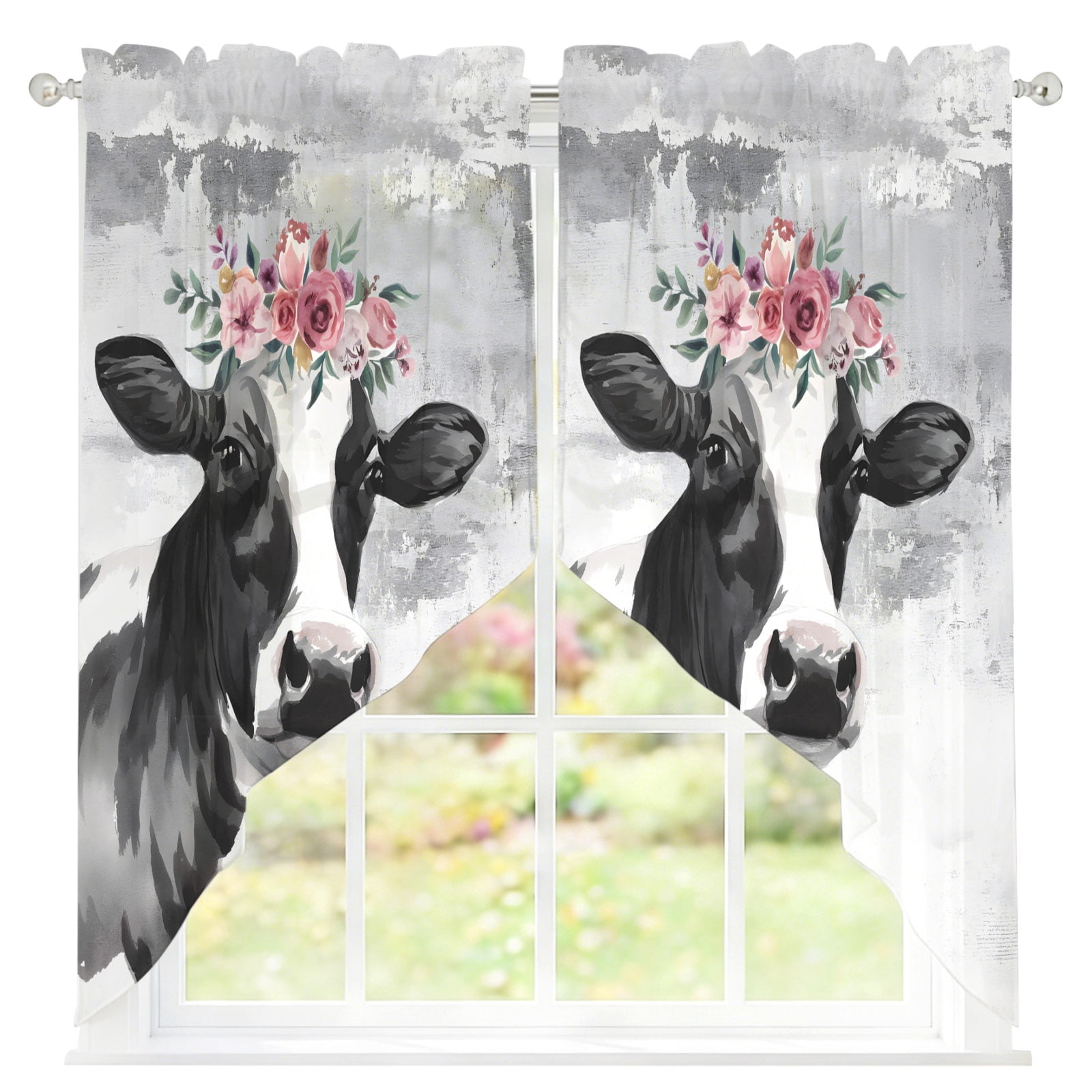 Farm Cow Sheer Curtains Swag Valances for Windows Vintage Black Grey ...