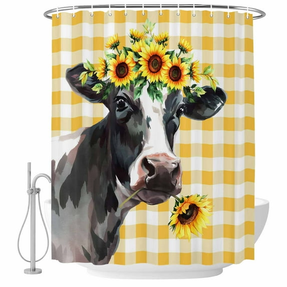 Farm Cow Shower Curtain, 48" x 72", Sunflower Yellow Plaid Watercolor ...