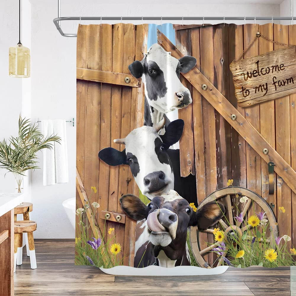 Farm Cow Shower Curtain Farmhouse Barn Door Rustic Vintage Wooden ...