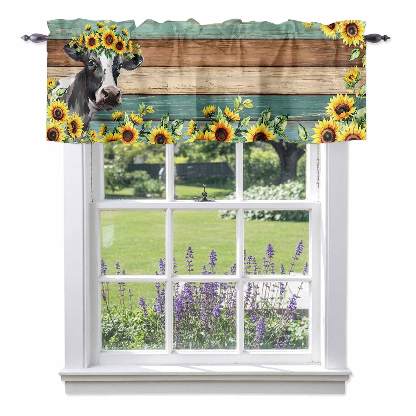 Farm Cow Sunflower Valances for Windows,Rod Pocket Valance for Kitchen ...