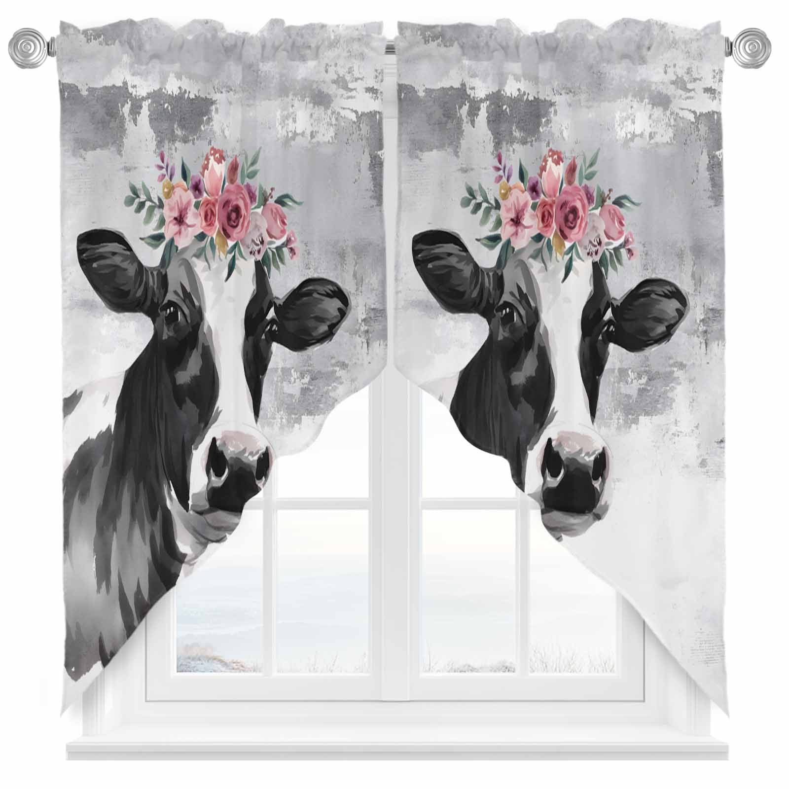 Farm Cow Swag Curtain Valance for Windows, Vintage Black Grey Cattle ...