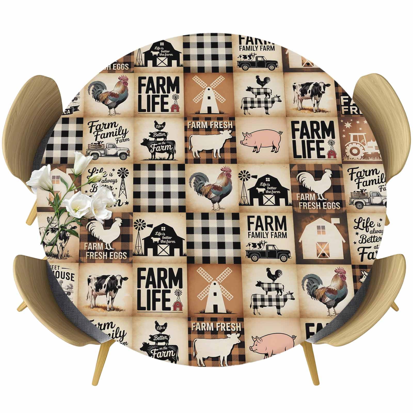 Farm Cow Table Cloth, Round Fitted Tablecloths with Elastic Edge ...