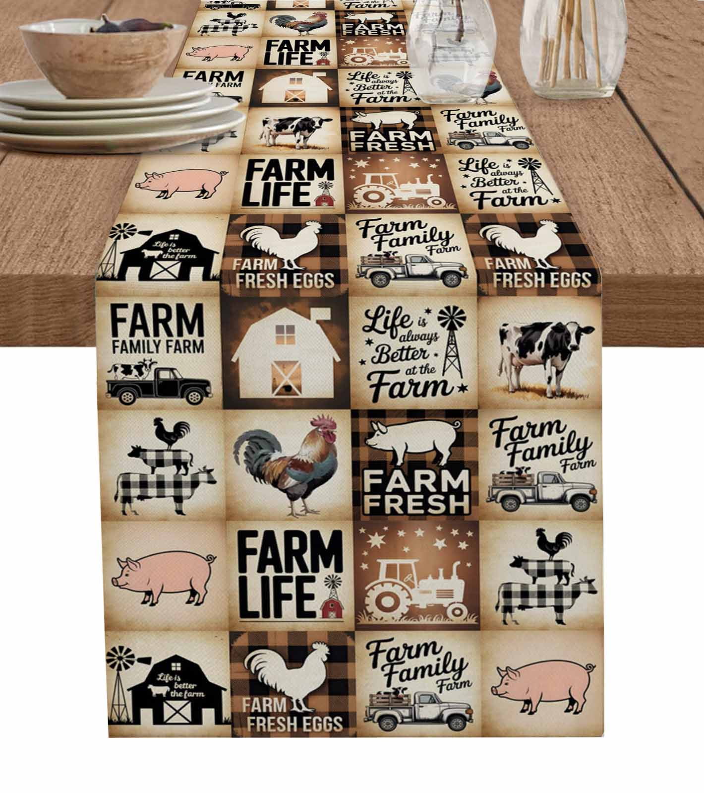 Farm Cow Table Runner 72 Inches, Vintage Chicken Pig Plaid Black Brown ...