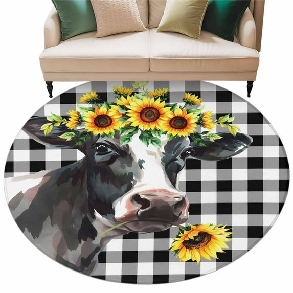 Farm Cow Washable Round Area Rug 6 ft, Sunflower Black Plaid Watercolor ...