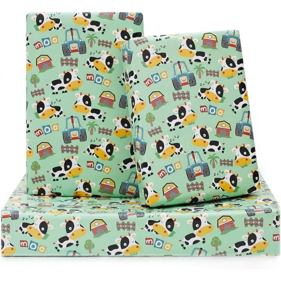 Farm Cow Wrapping Paper for Boys Girls Kids, Cute Cow Farmhouse Tractor ...