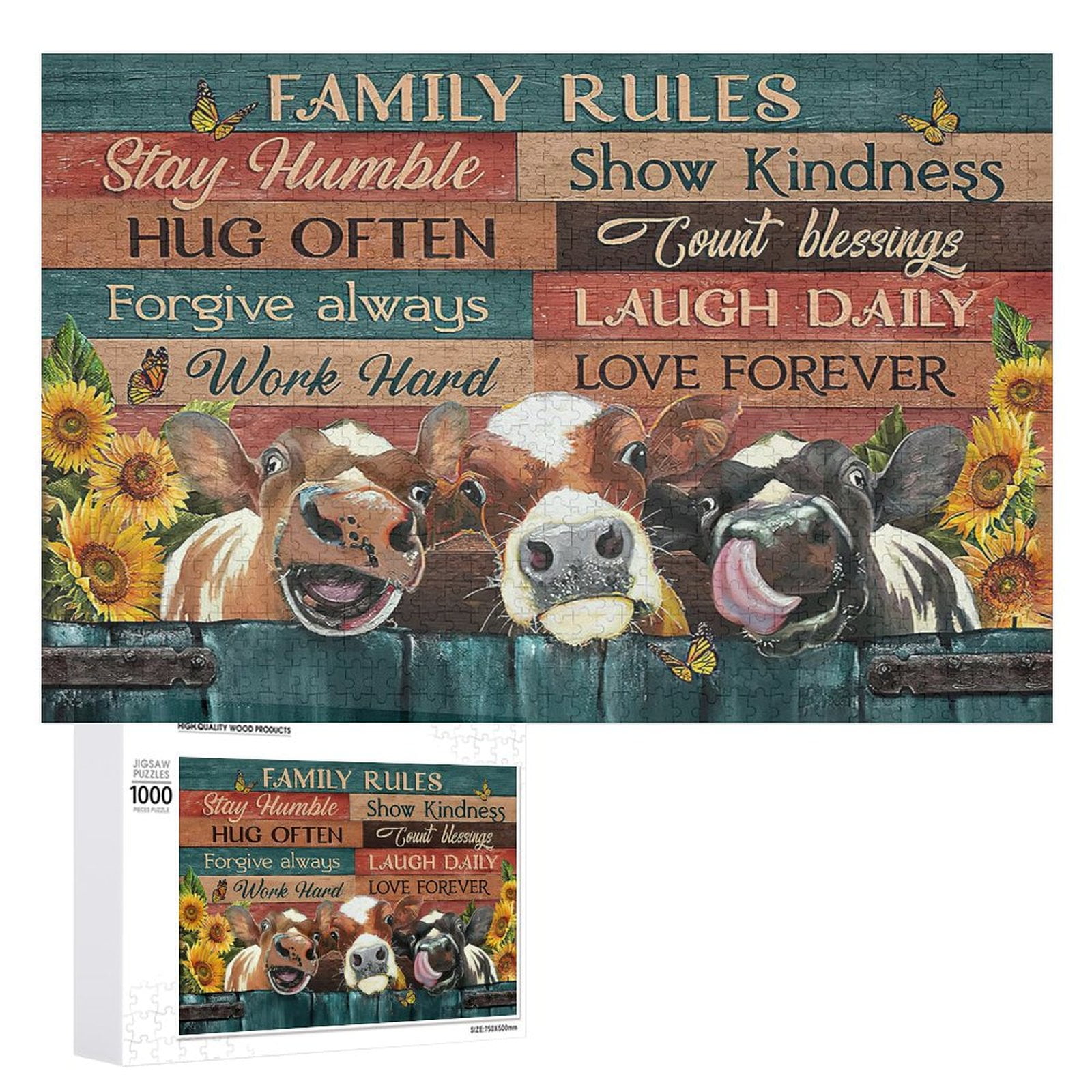 Farm Cows 1000 Piece Jigsaw Puzzles for Adults and Kids - Farmhouse Cow Sunflower Family Rules ...
