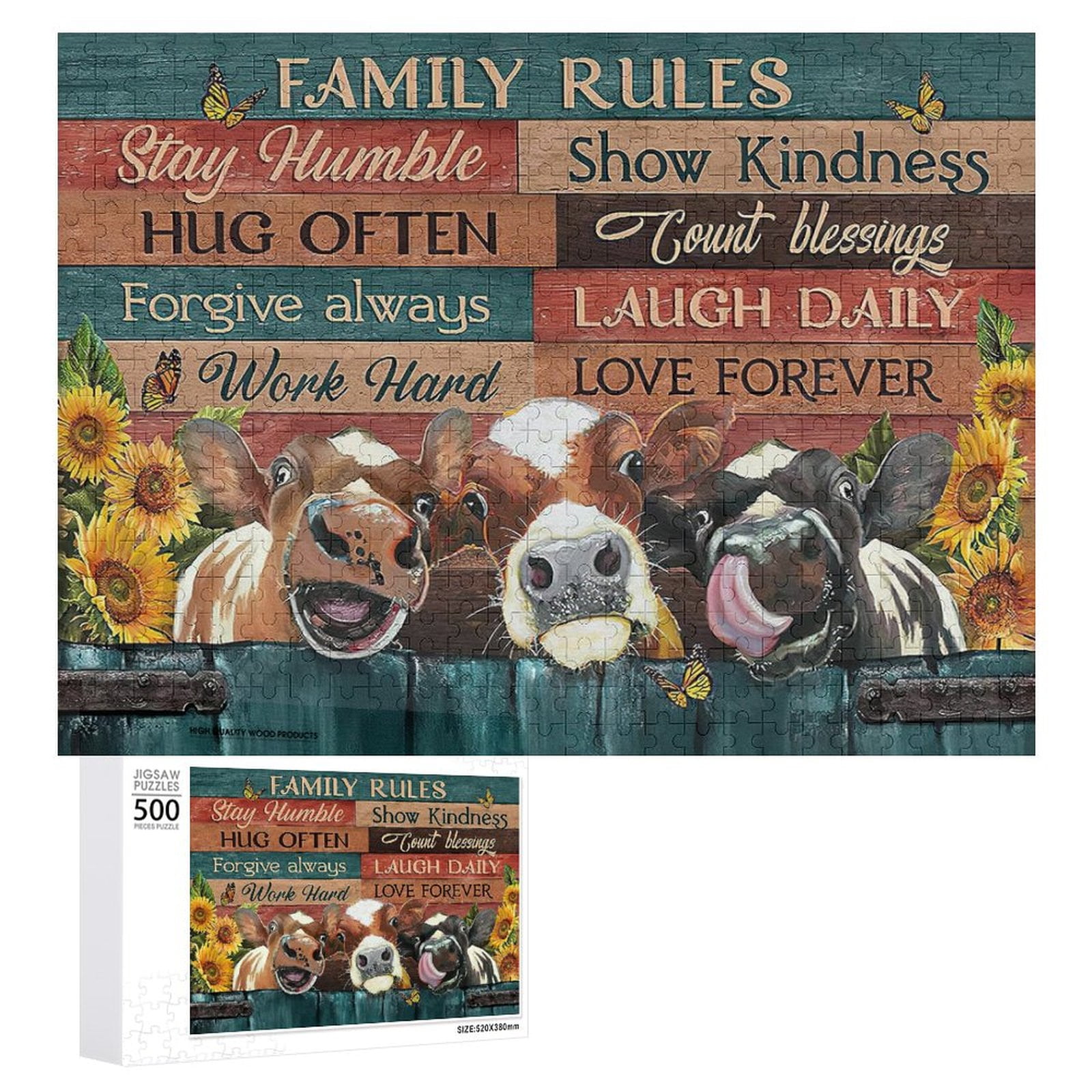 Farm Cows 500 Piece Jigsaw Puzzles for Adults and Kids - Farmhouse Cow Sunflower Family Rules ...