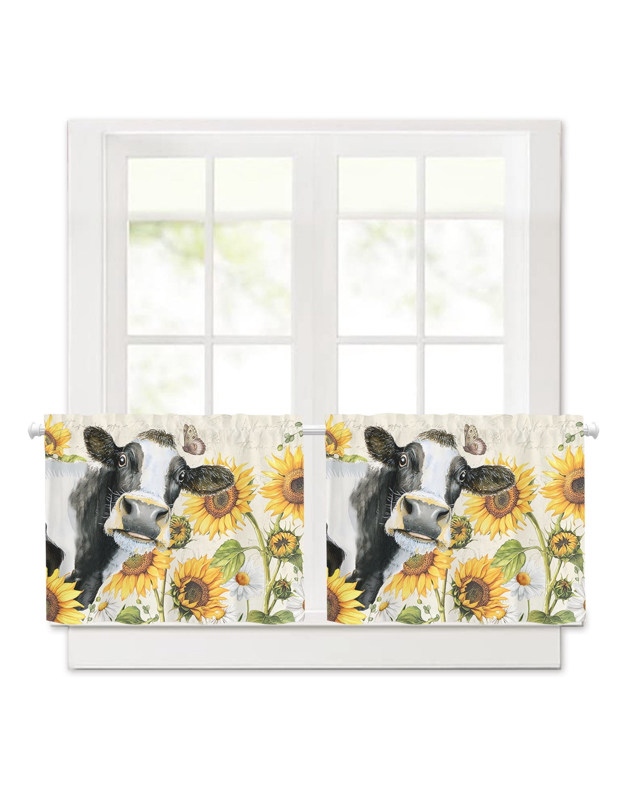 Farm Cows Sunflower on Vintage Letter Short Blackout Curtains 24 Inch ...